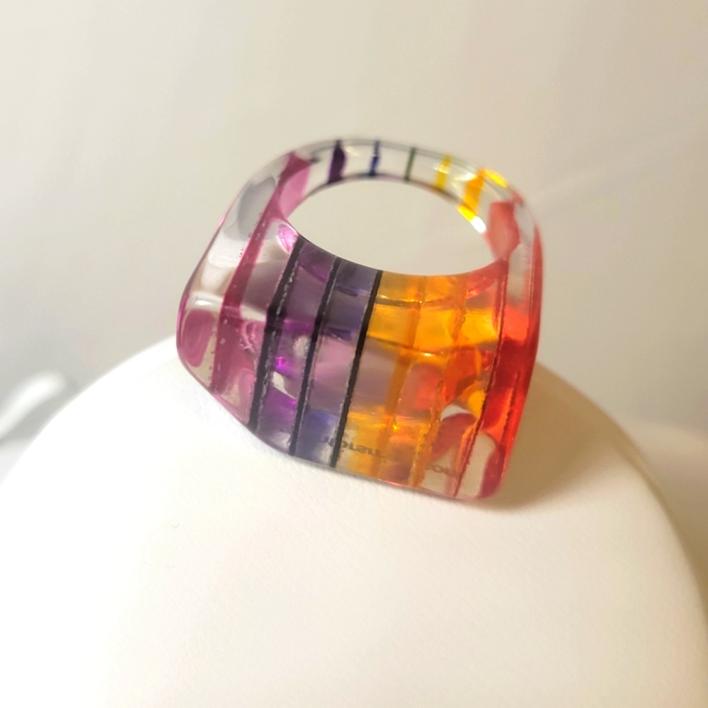Vintage 1970s Lucite Modern Retro Rainbow Striped Rin… - Gem